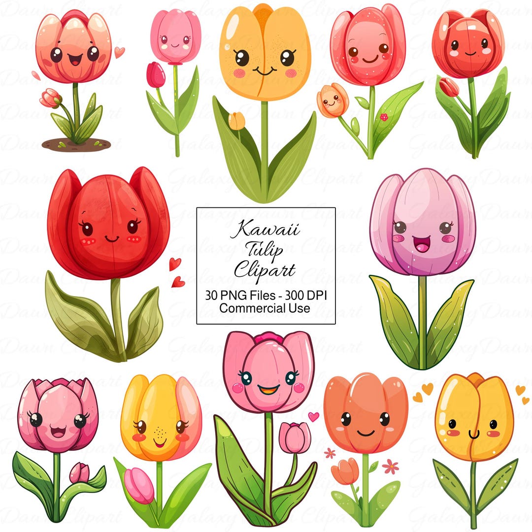 Kawaii Tulip Clipart, Cute Cartoon Flower PNG, Happy Smiling Floral ...