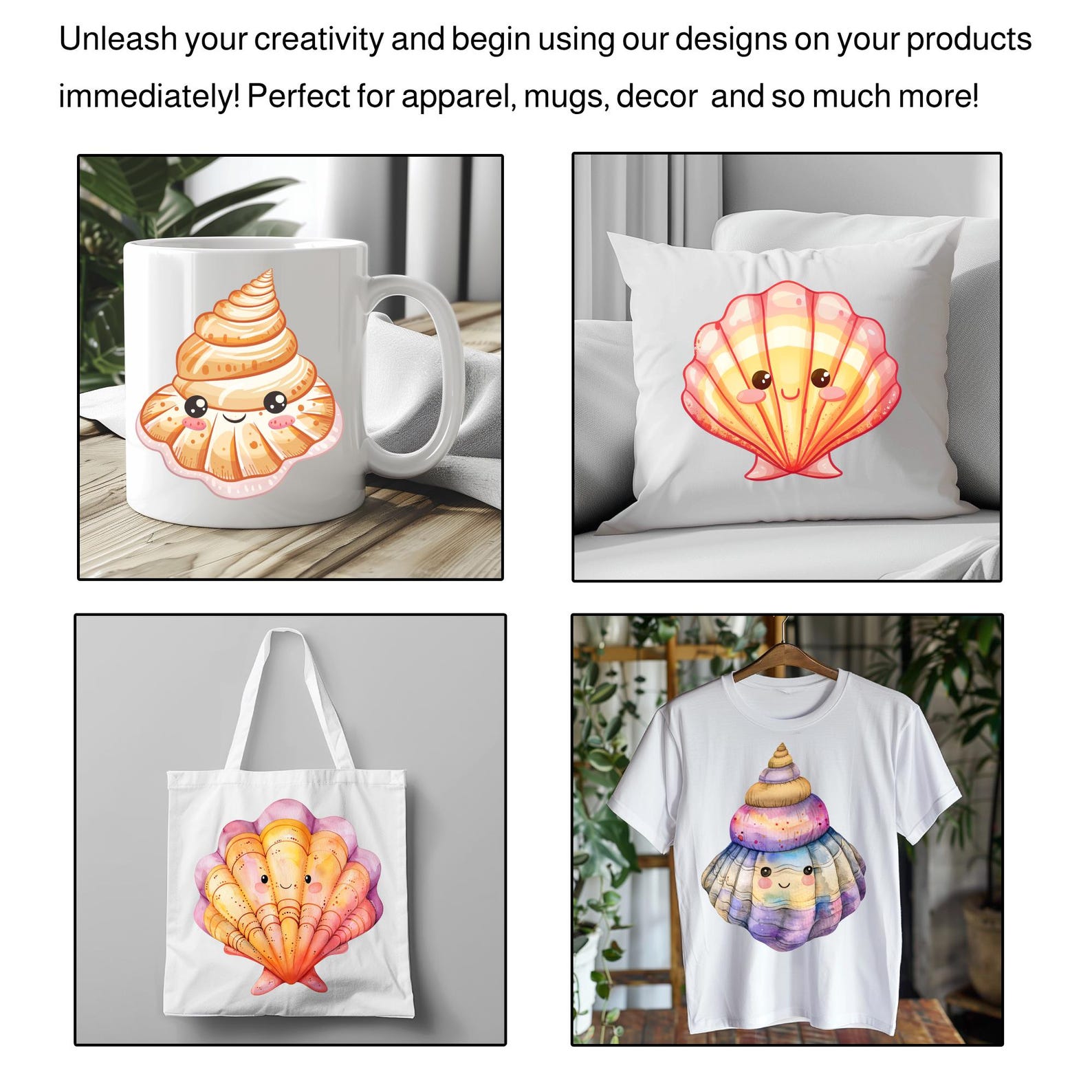 Kawaii Seashell Clipart, Cute Cartoon Sea Shell Faces PNG, Happy ...