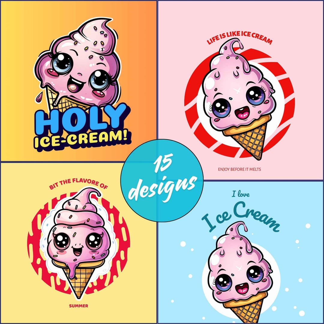 Summer Fun Printable Designs | 15 Cute Ice Cream PNG Graphics | Instant ...