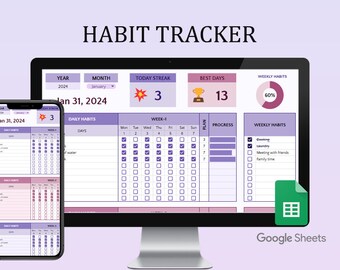 2024 Habit Tracker Spreadsheet | Google Sheets Template | Daily Habit ...
