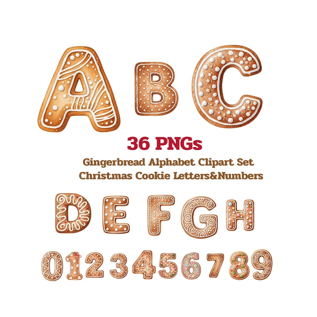Gingerbread Alphabet Clipart • Christmas Cookie Letters & Numbers • 36 ...