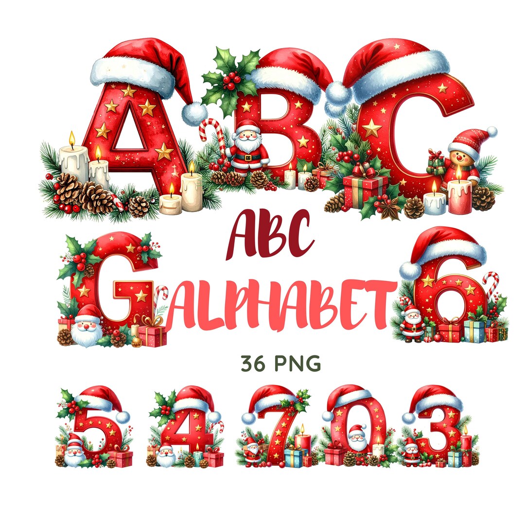 Christmas Alphabet & Numbers PNG: Santa Hat Holiday Clipart (digital ...