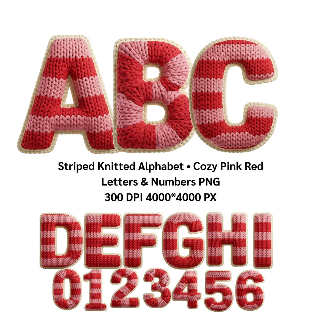 Striped Knitted Alphabet • Cozy Pink Red Letters & Numbers PNG ...