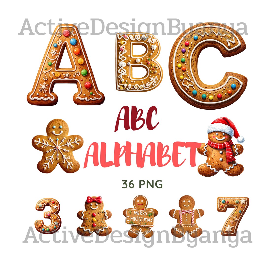 Gingerbread Alphabet & Numbers PNG: Christmas Cookie Clipart (digital ...
