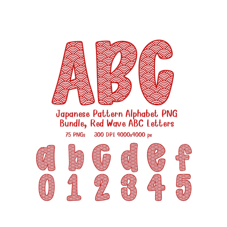 Japanese Pattern Alphabet PNG Bundle, Red Wave ABC Letters, Seamless ...