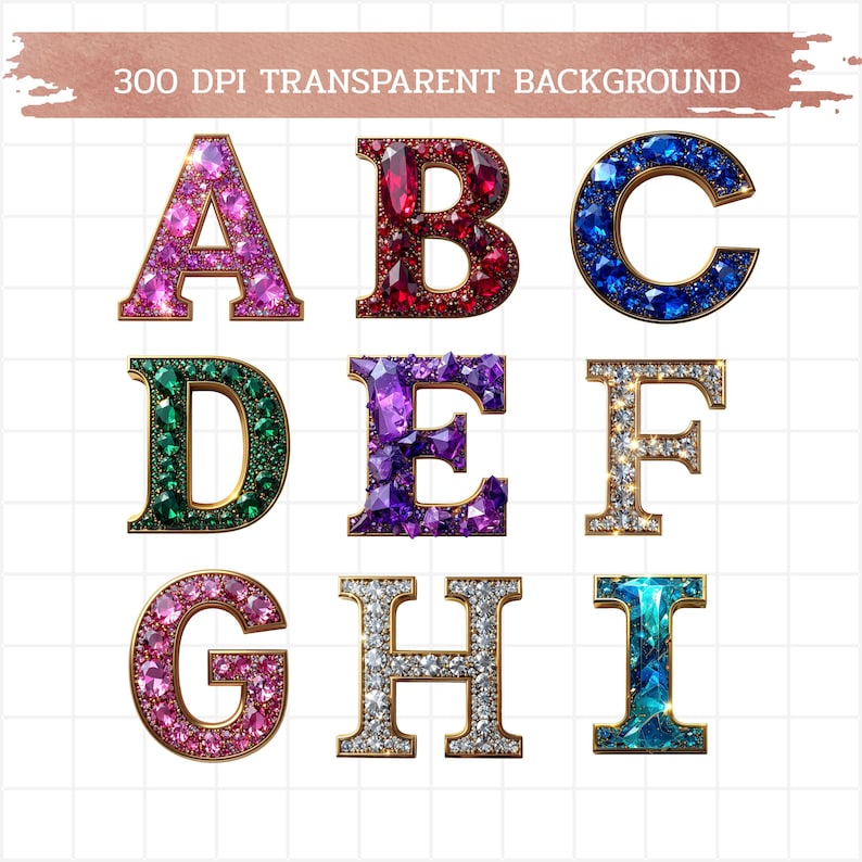 Gemstone Alphabet & Numbers PNG | Colorful Crystal Letters Clipart ...