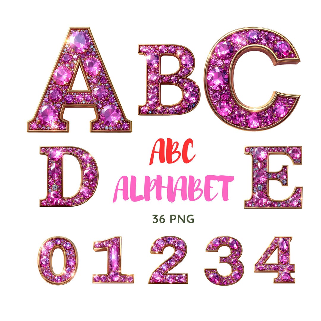 Pink Diamond Alphabet & Numbers Clipart: Sparkly Jewel Font (PNG ...