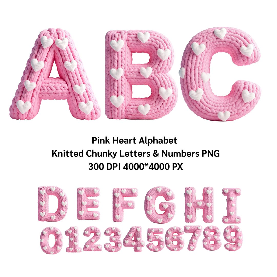 Pink Heart Alphabet • Knitted Chunky Letters & Numbers PNG, Alphabet ...