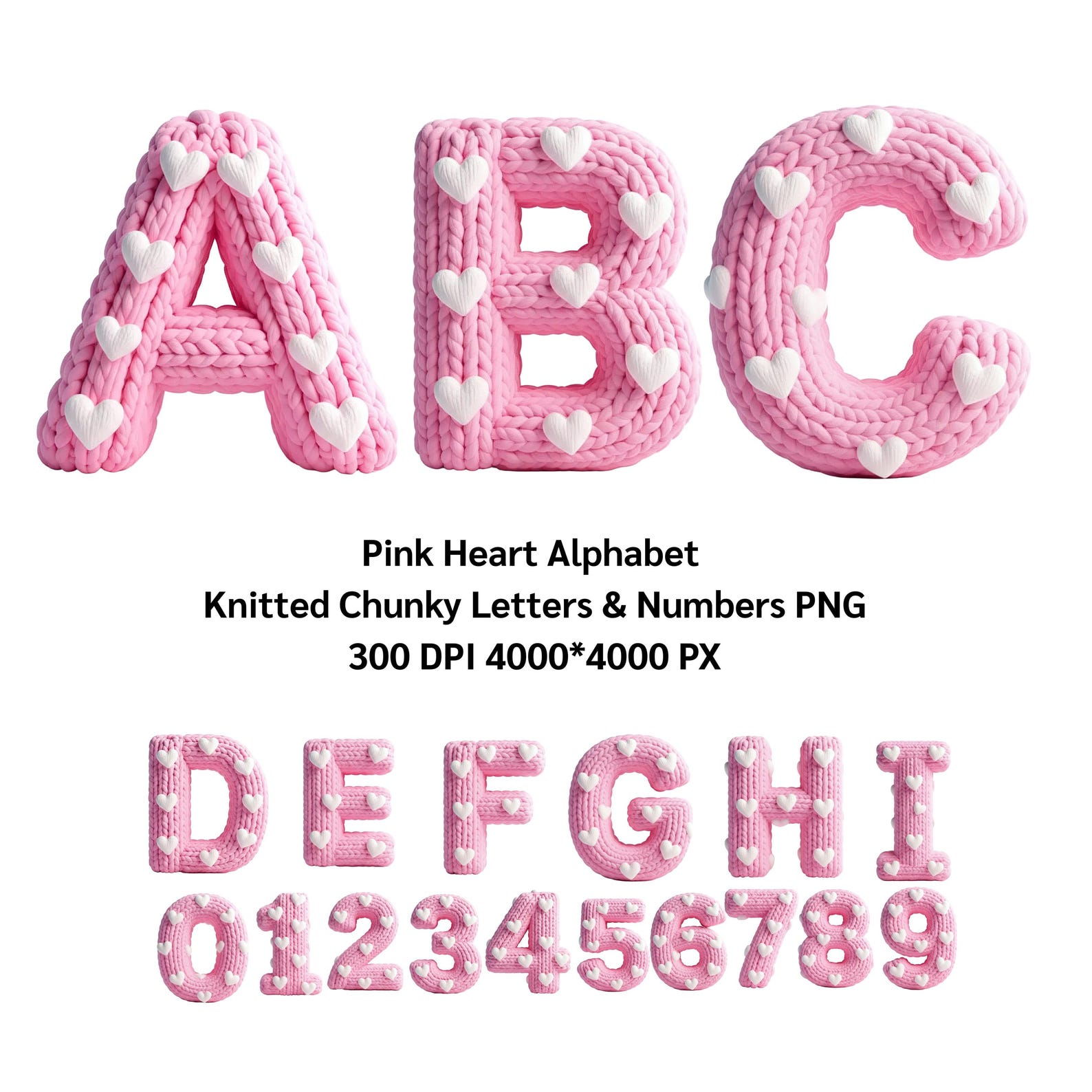 Pink Heart Alphabet • Knitted Chunky Letters & Numbers PNG, Alphabet ...