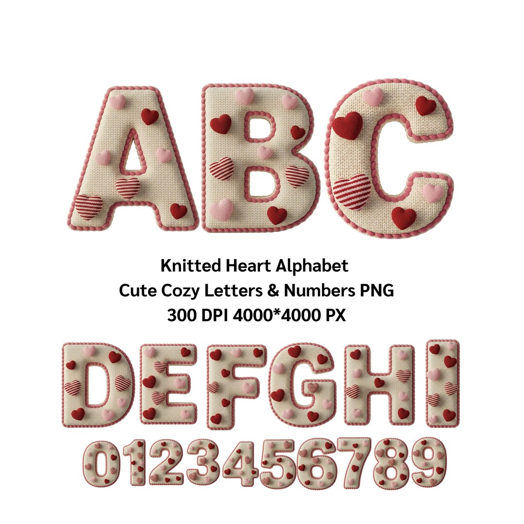 Knitted Heart Alphabet • Cute Cozy Letters & Numbers PNG, Alphabet PNG ...
