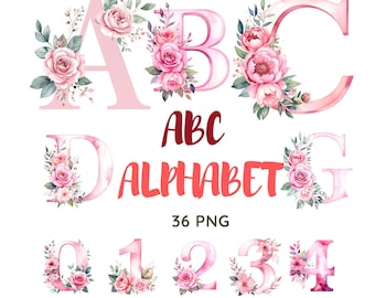 Pink Floral Alphabet Clipart: Rose Letters, PNG Fonts (digital Download ...