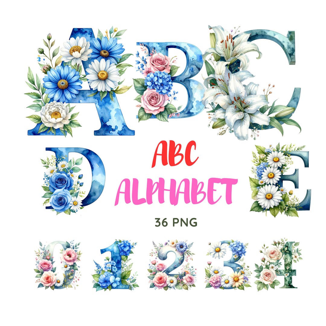 Floral Alphabet PNG: Watercolor Flower Letters, Botanical Font (digital ...