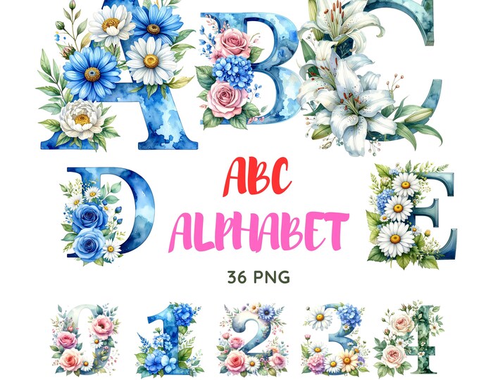 Blue Floral Watercolor Alphabet Clipart: A-Z Letters, 0-9 Numbers ...