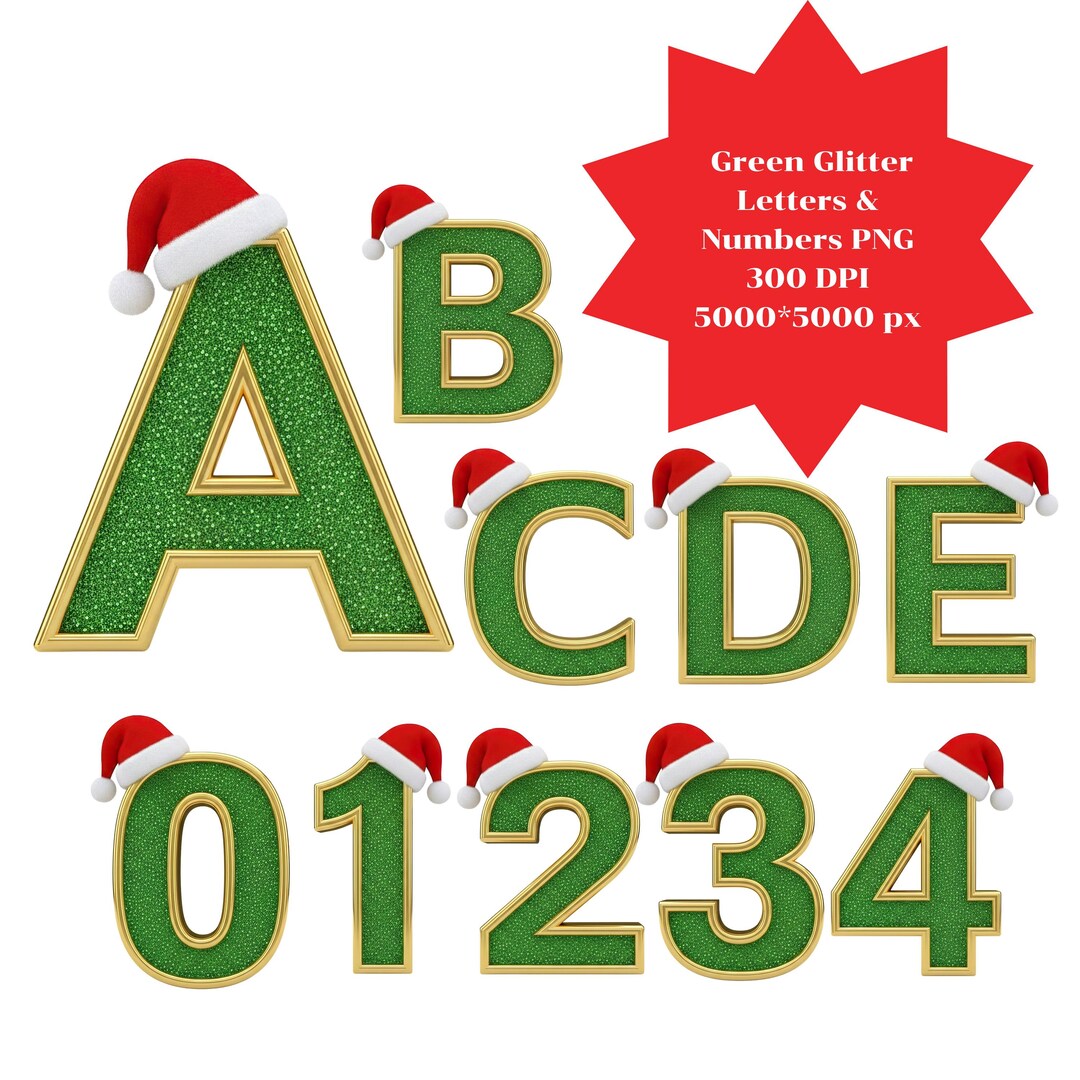 Santa Hat Alphabet • Green Glitter Letters & Numbers, Png,alphabet PNG ...