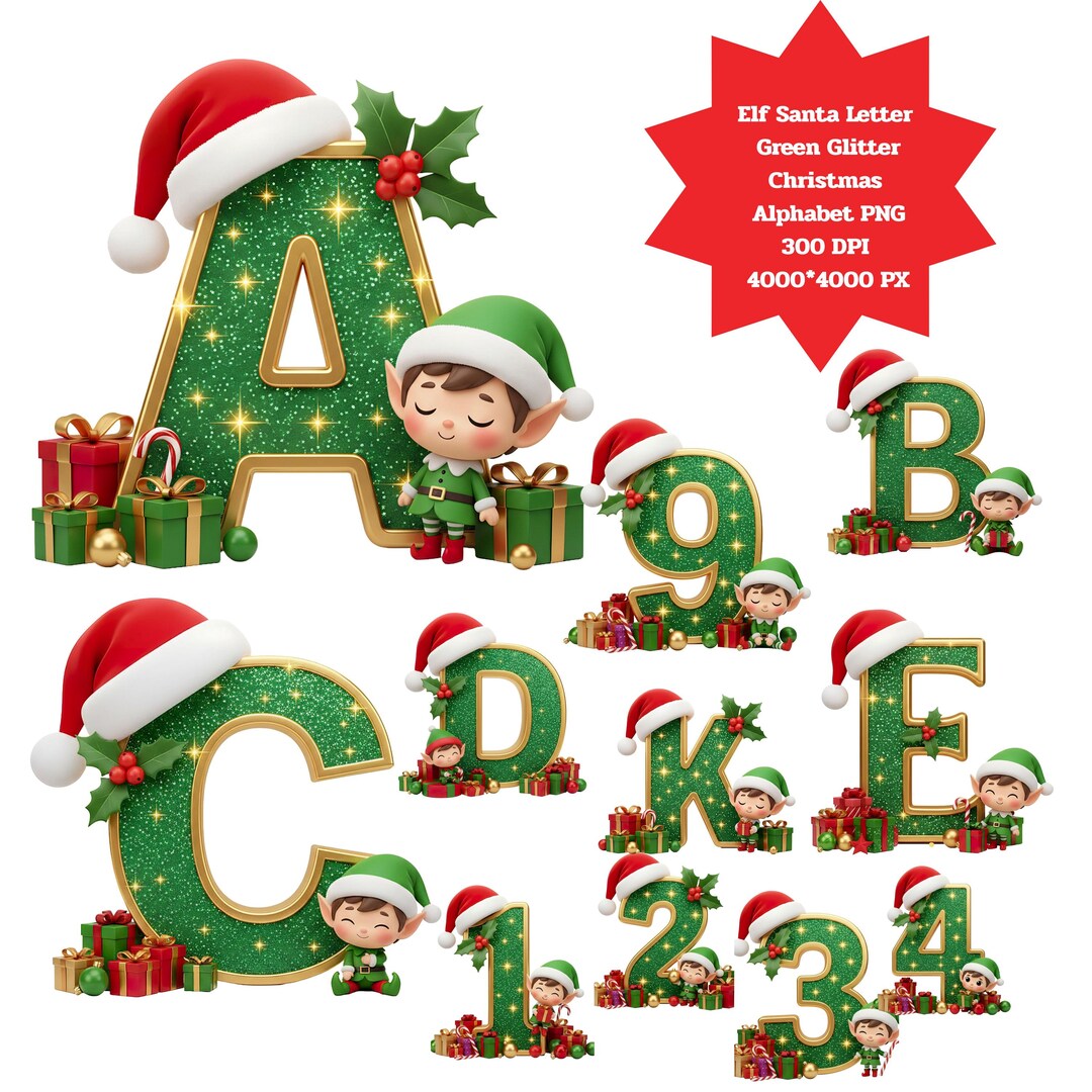 Elf Santa Letter • Green Glitter Christmas Alphabet PNG, Alphabet PNG ...