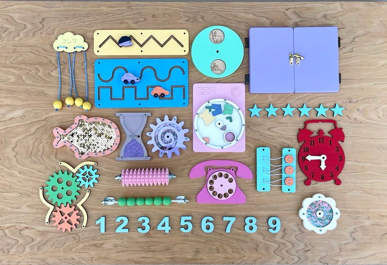 Wooden Toddler Busy Board Details, Montessori Sensory Board Parts, Busy ...