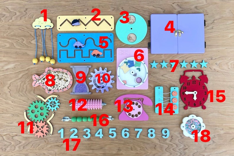 Wooden Toddler Busy Board Details, Montessori Sensory Board Parts, Busy ...