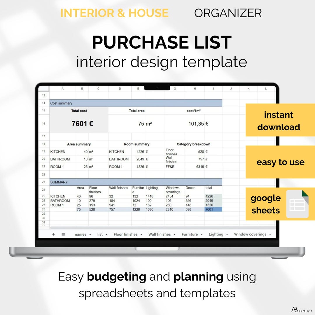 Interior Design Purchase List – Home Products Order Tracker, Google ...