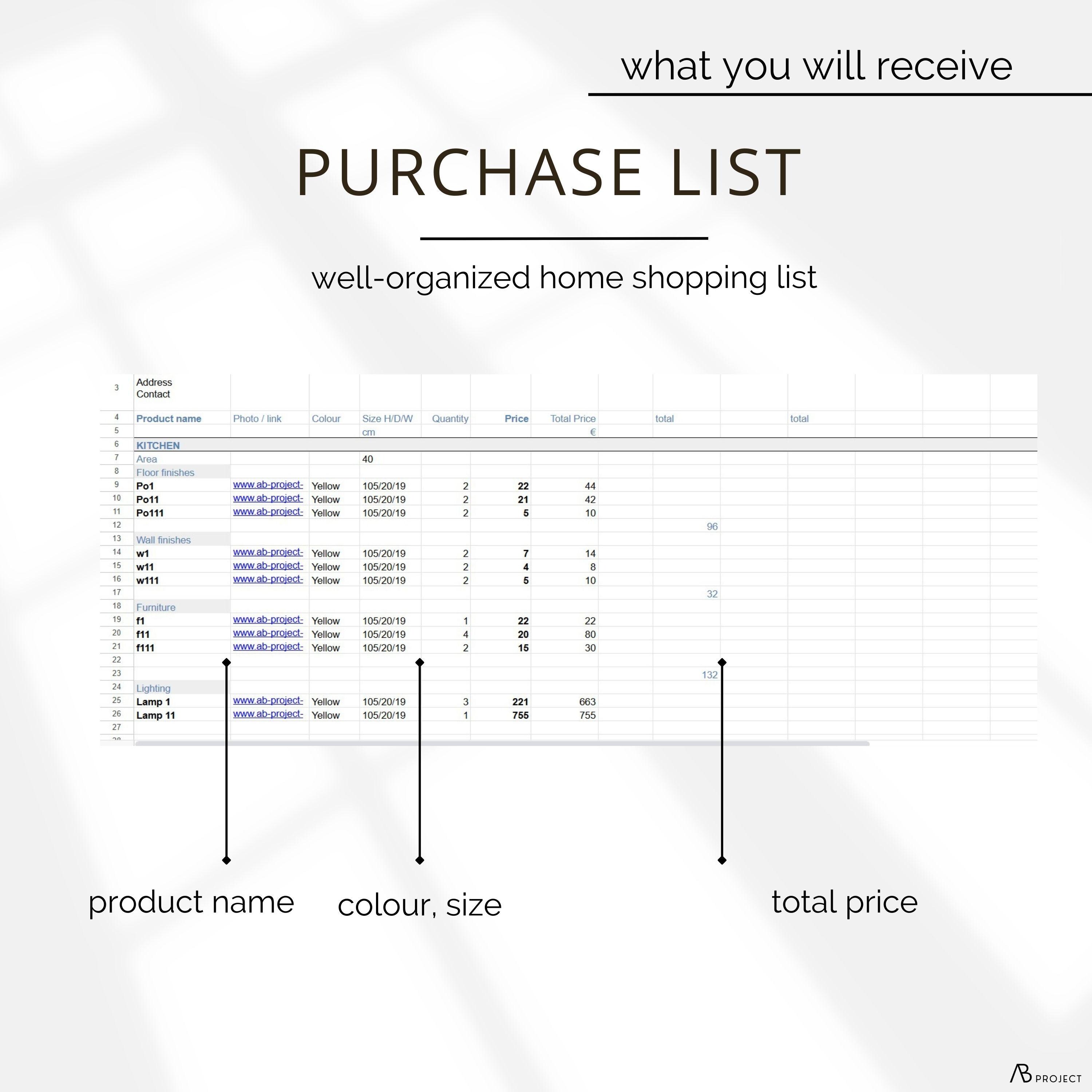 Interior Design Purchase List – Home Products Order Tracker, Google ...
