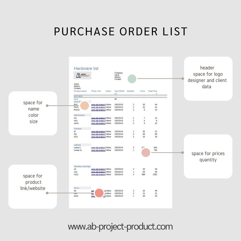 Order List Template Interior Design Order List House Products Purchase Sheet Google Spreadsheet ...