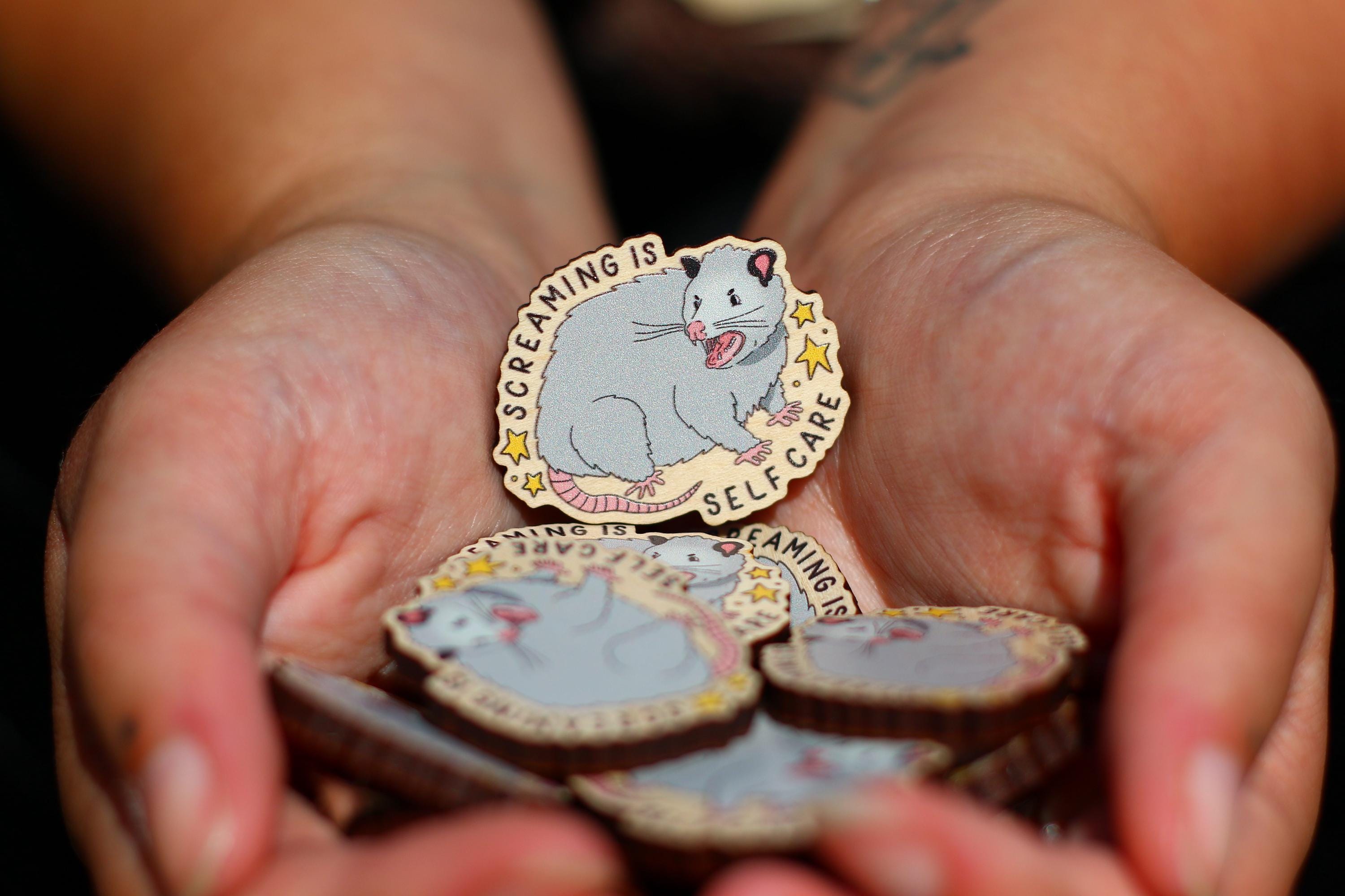 Funny Possum Pin - ‘screaming is Self Care’ - Eco Wooden Pin Small Gift ...