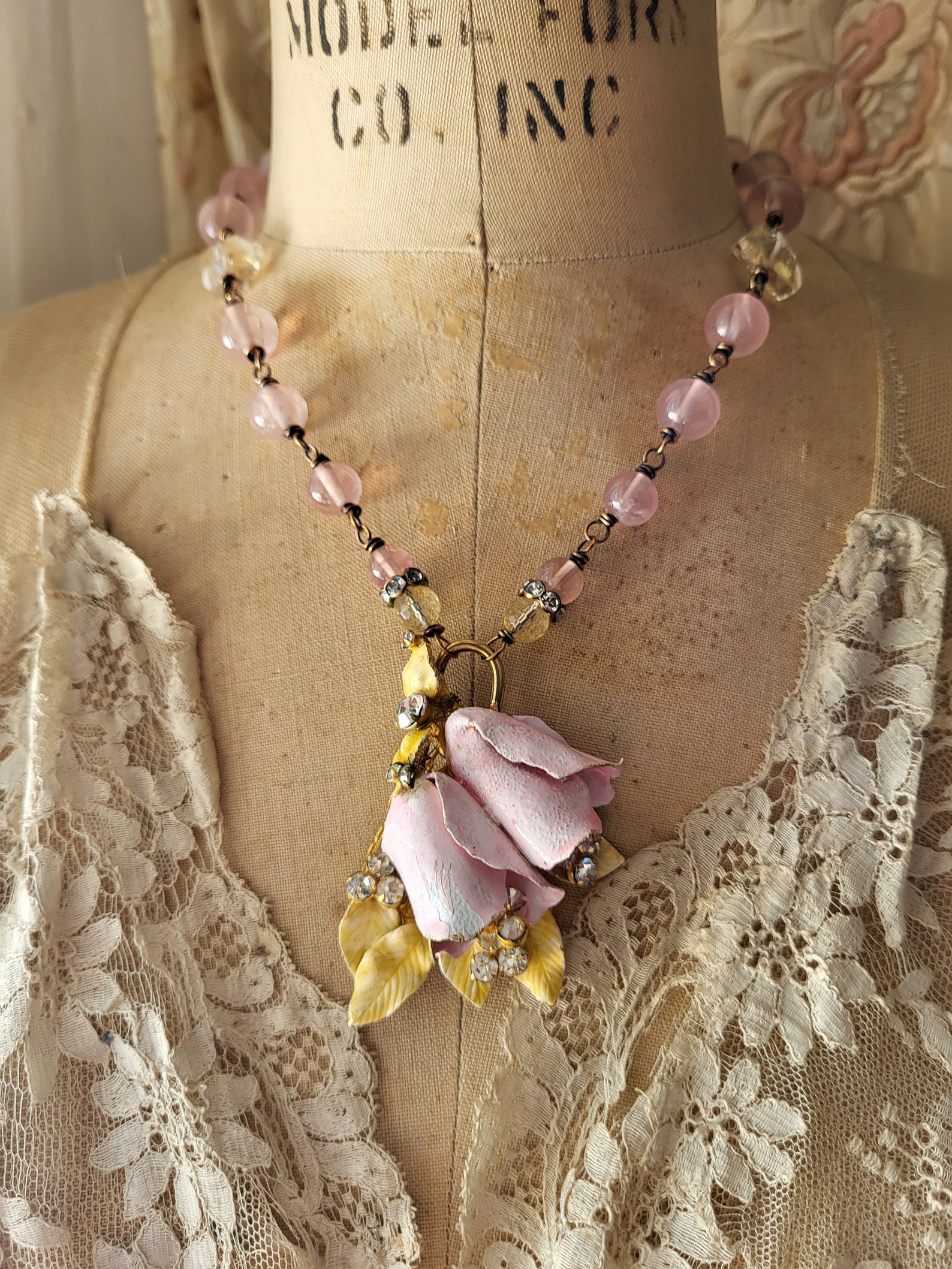 Rose Quartz Citrine Relic Enamel Floral Brooch Necklace - Etsy