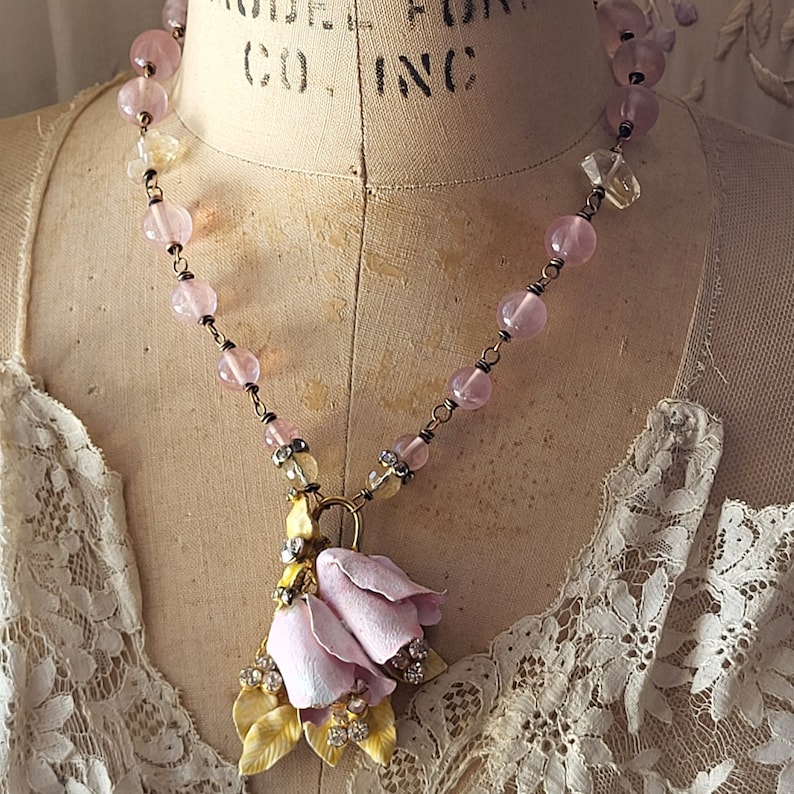 Rose Quartz Citrine Relic Enamel Floral Brooch Necklace - Etsy