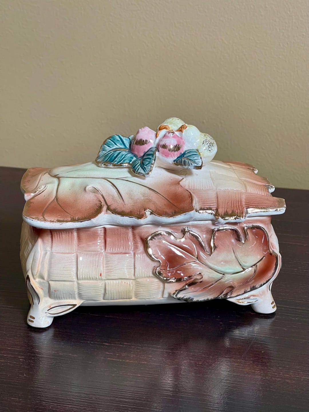 Vintage Betson Porcelain Box: Hand-painted Basket Weave, Fruit & Oak ...