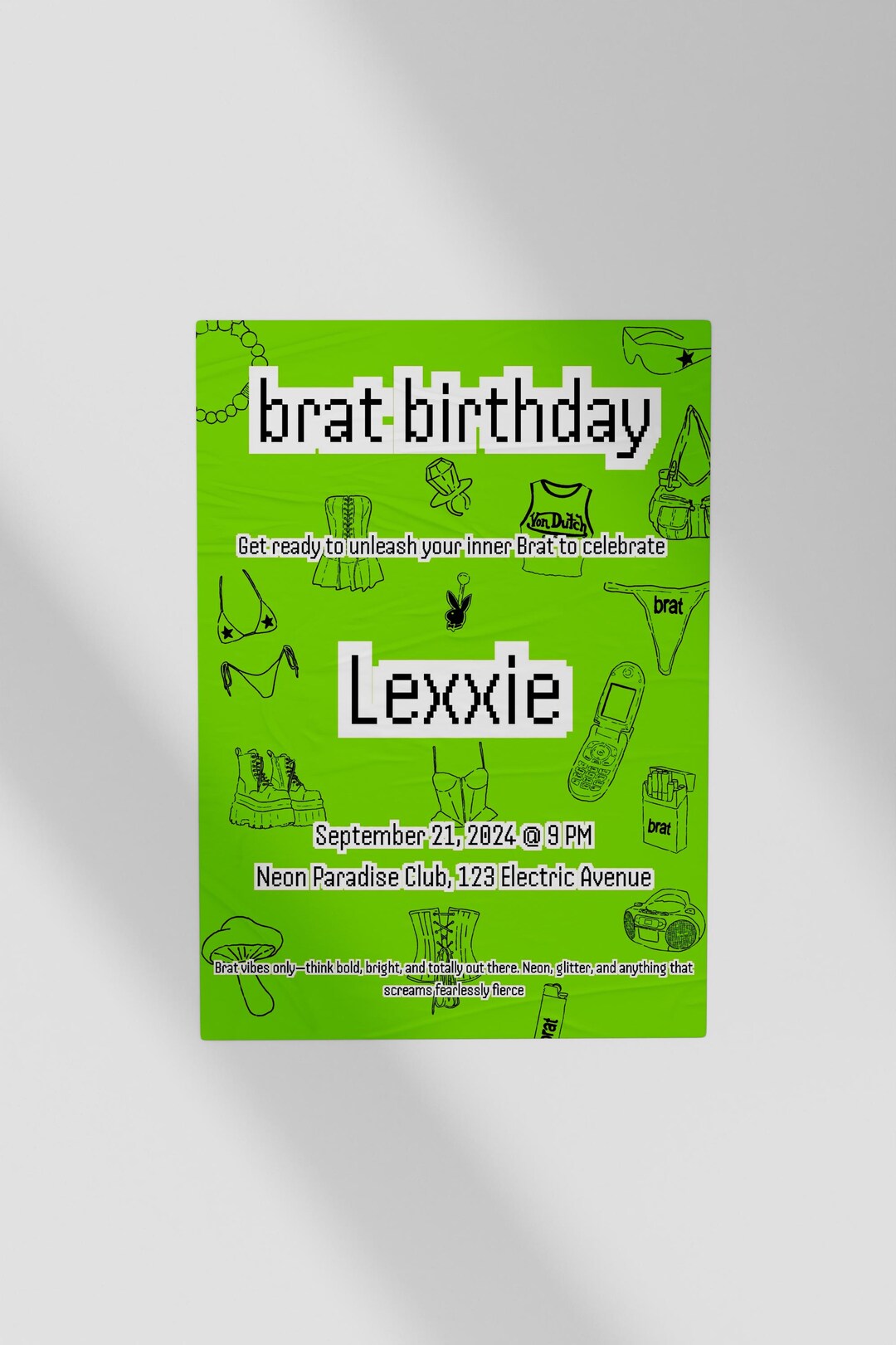 Brat Birthday Card, Neon Green, Charli XCX Inspiration, Invitation ...