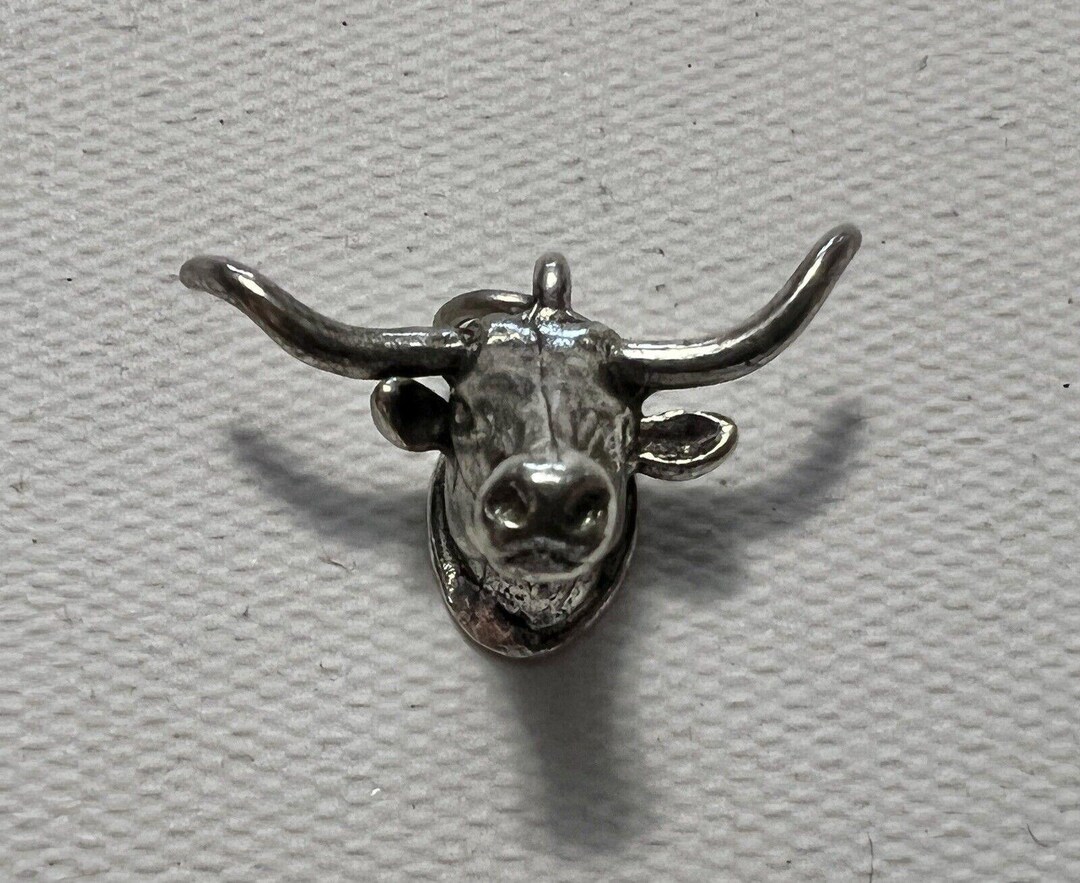 Vintage 3D Texas Longhorn Bull Head Taurus Solid Sterling Silver Charm ...