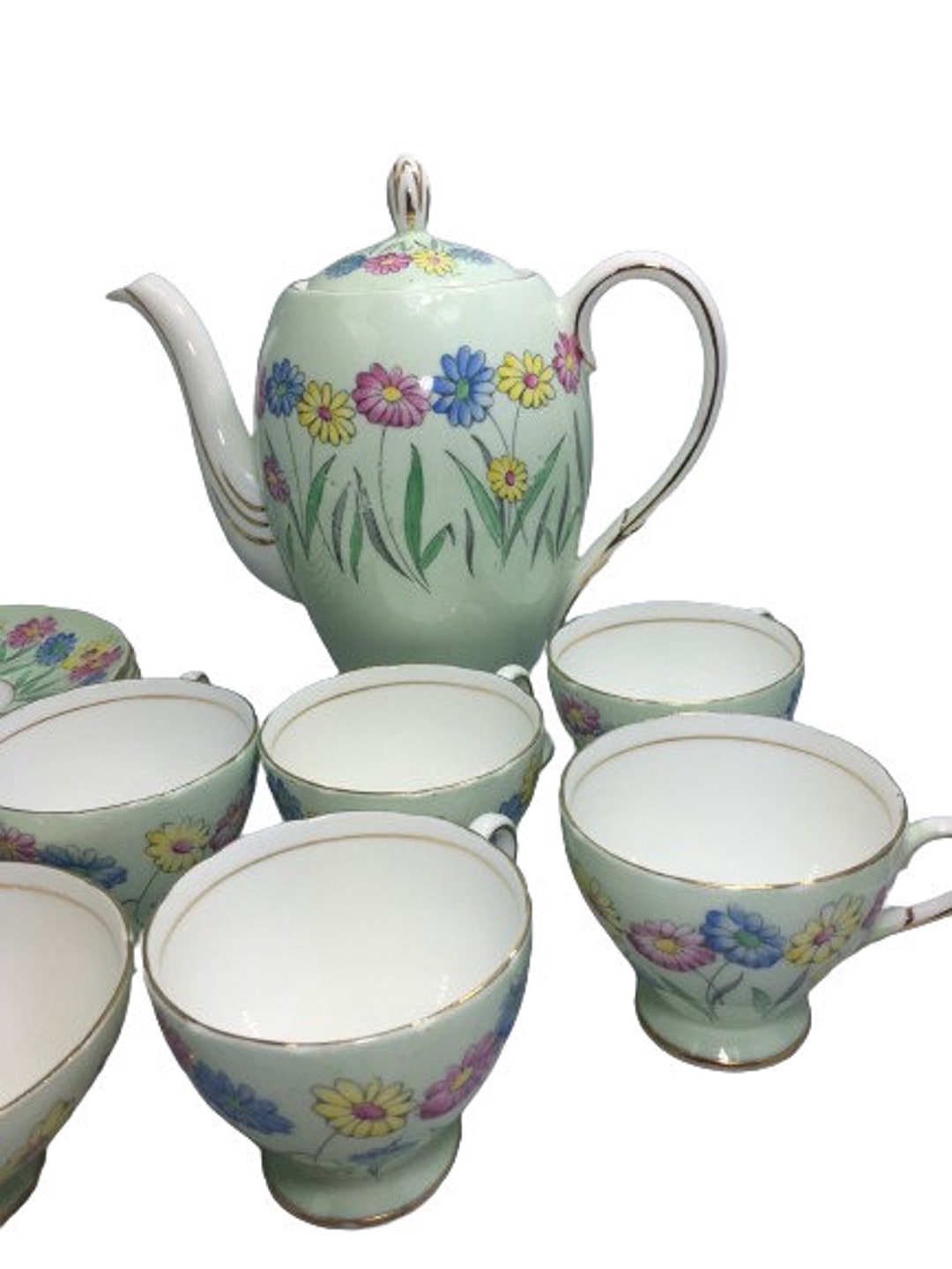 Vintage Green Tea Set Bone China H.O.C Made in England Teapot, Tea Cups ...