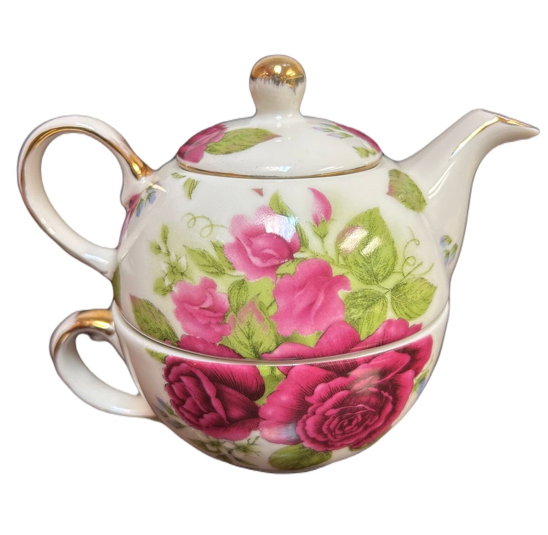Rare Vintage Adeline Stacking Teapot and Tea Cup, Beautiful Rose Design ...