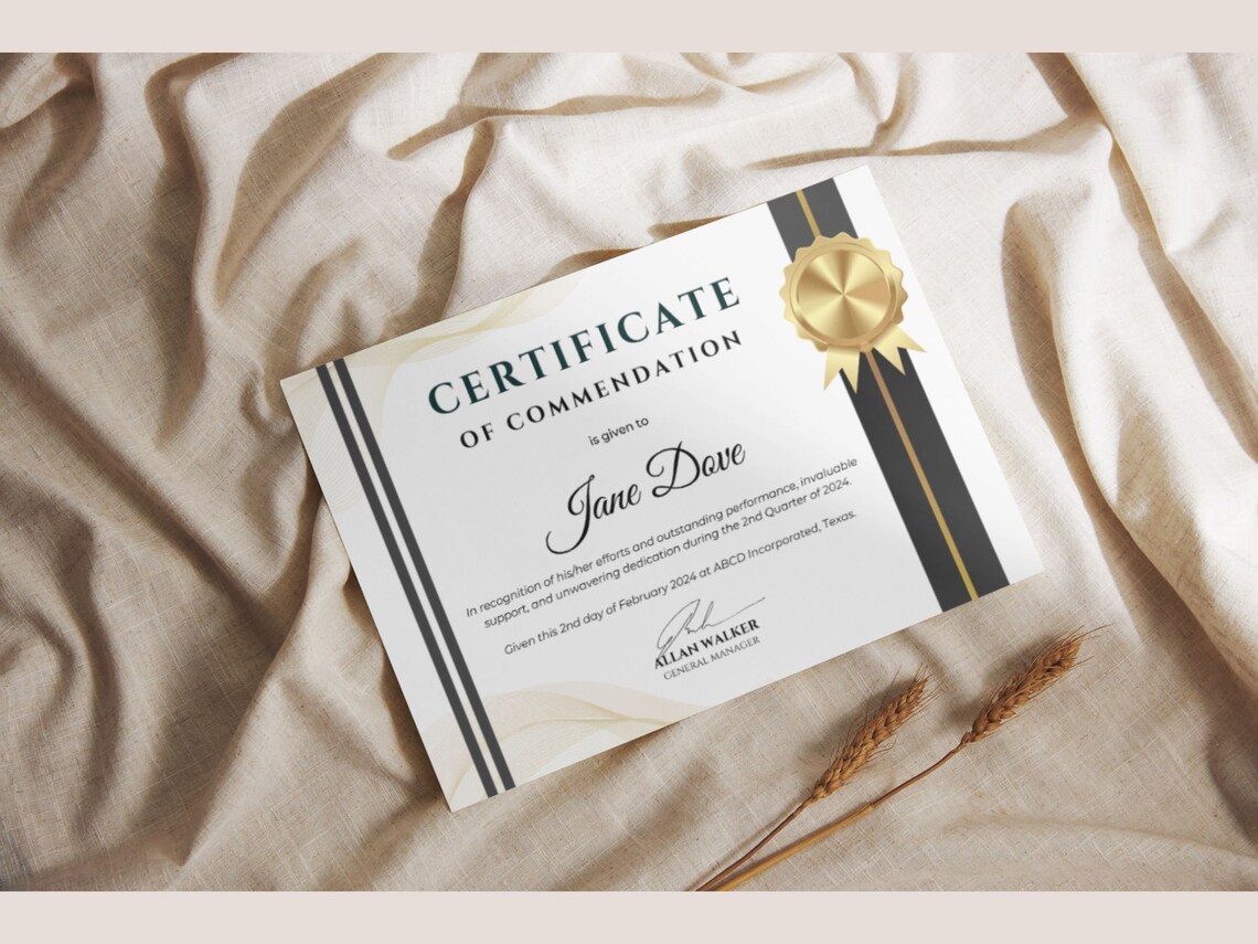 Certificate of Commendation Canva Template - Dark Gray and Gold ...