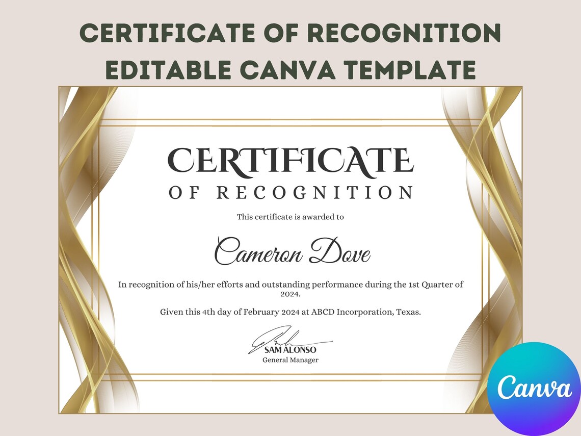 Certificate of Recognition Canva Template – Gold and White Minimalist ...