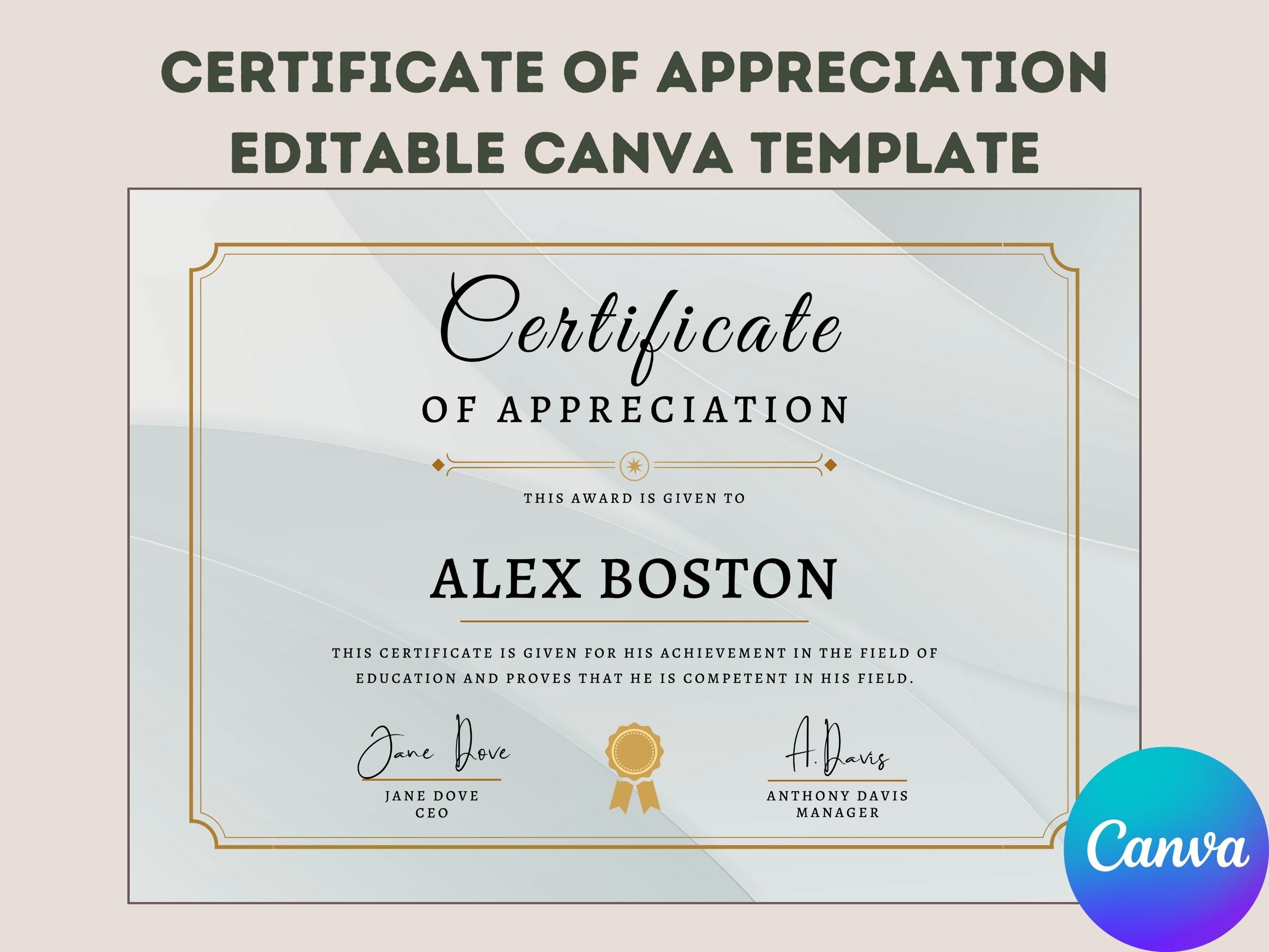 Certificate of Appreciation Canva Template – Gold Minimalist and ...