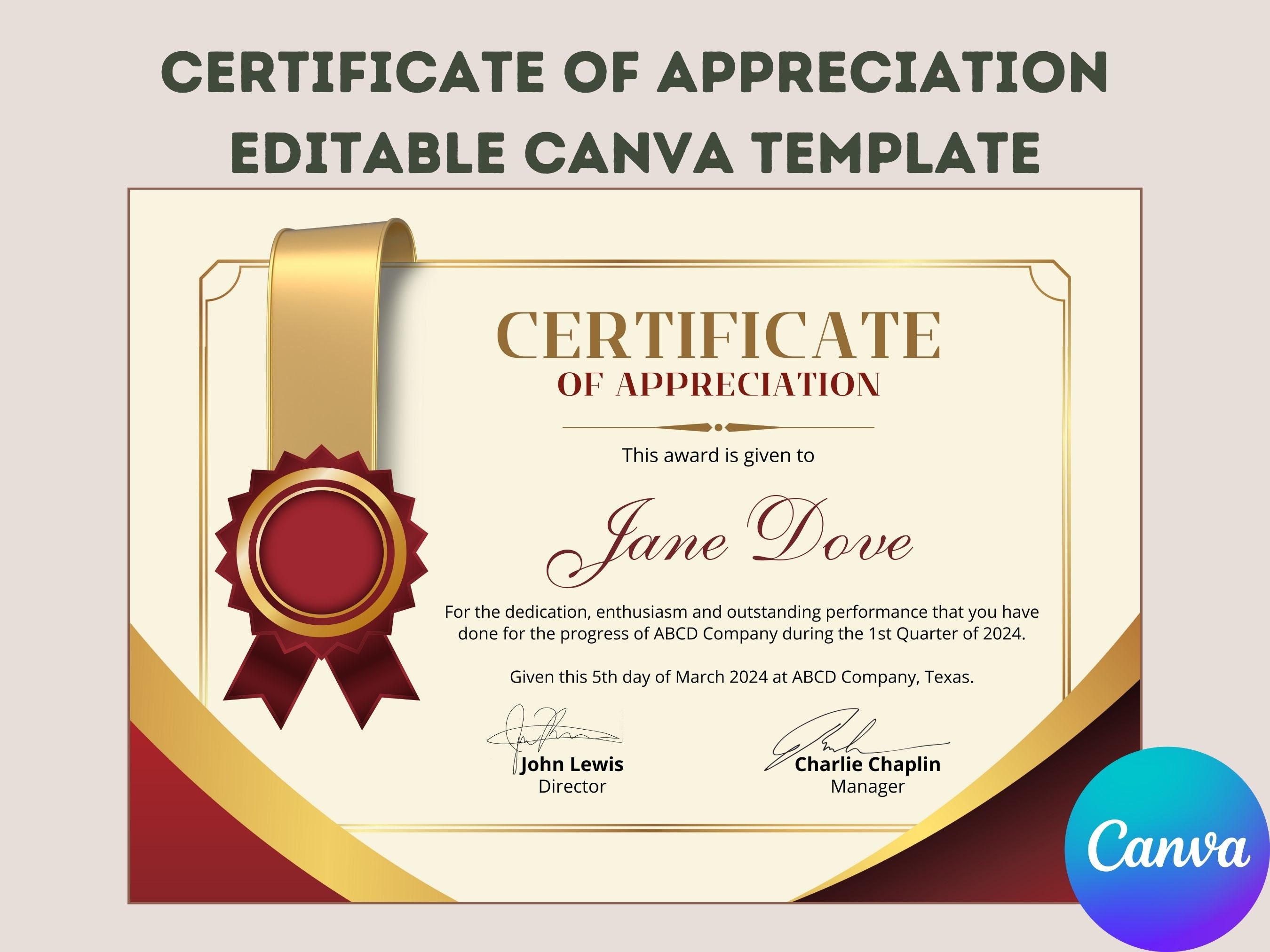 Certificate of Appreciation Canva Template – Gold and Maroon Minimalist ...