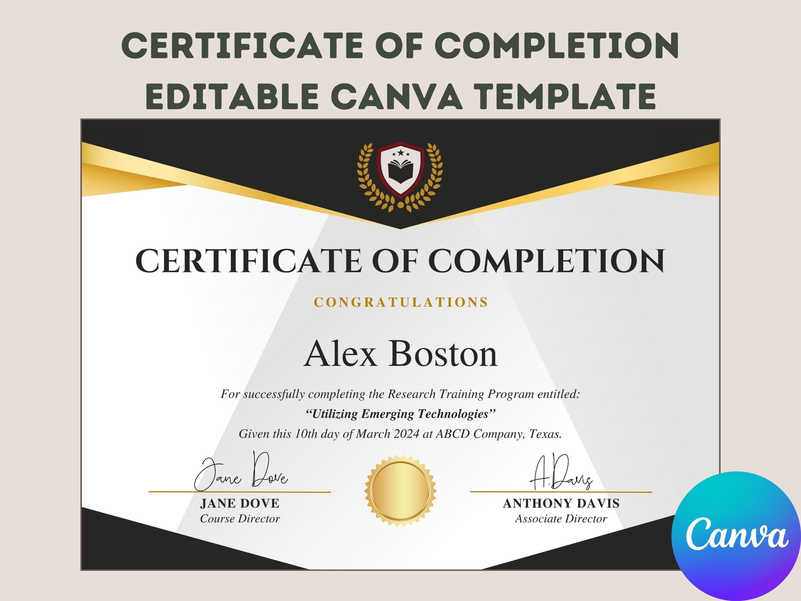 Certificate of Completion Canva Template – Black and Gold Minimalist ...