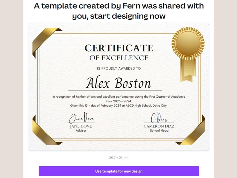Certificate of Excellence Canva Template – Gold and White Minimalist ...