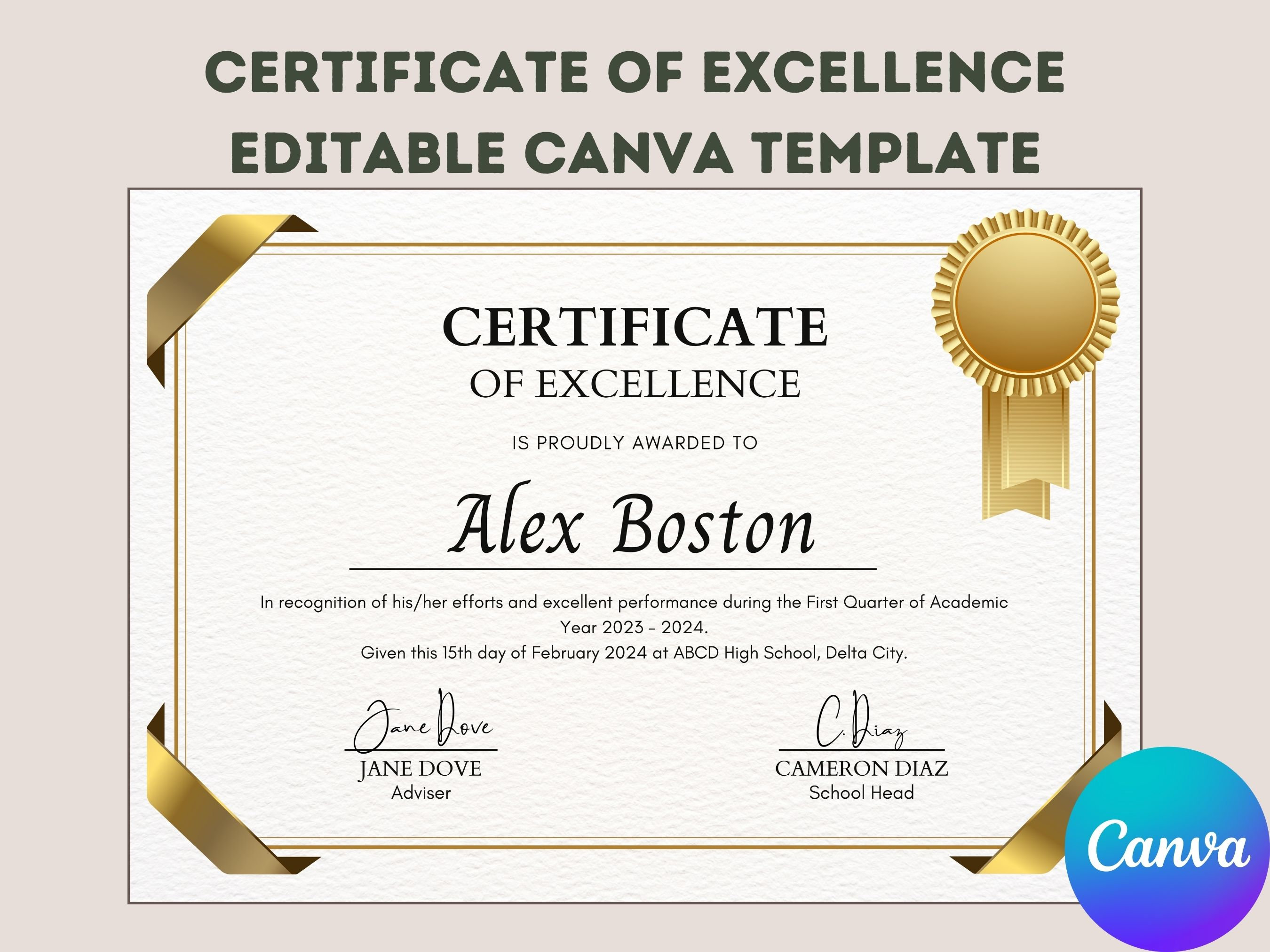 Certificate of Excellence Canva Template Gold and White Minimalist and ...