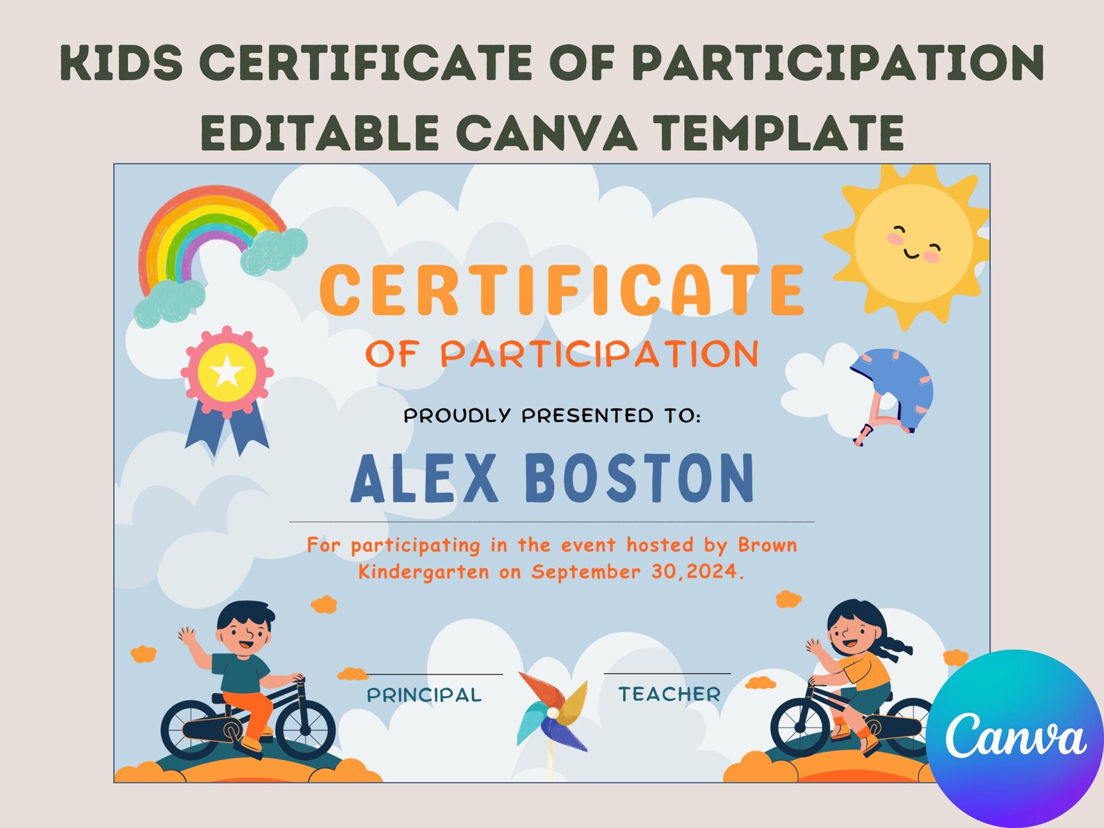 Kids Certificate of Participation Canva Template – Colorful Blue and Orange Minimalist and ...