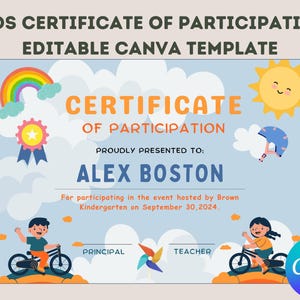 Kids Certificate of Participation Canva Template – Colorful Blue and ...