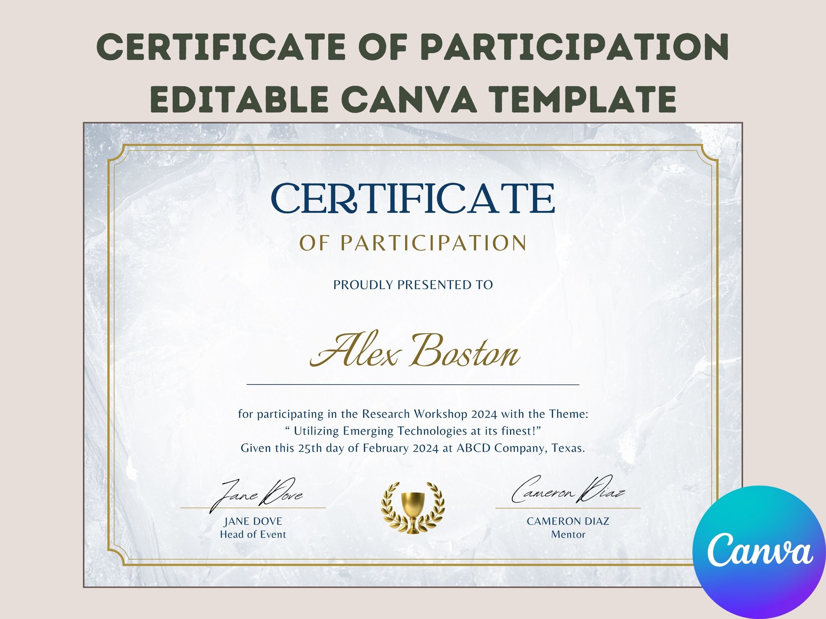 Certificate of Participation Canva Template – Blue and Gold Minimalist and Aesthetic Design - Etsy