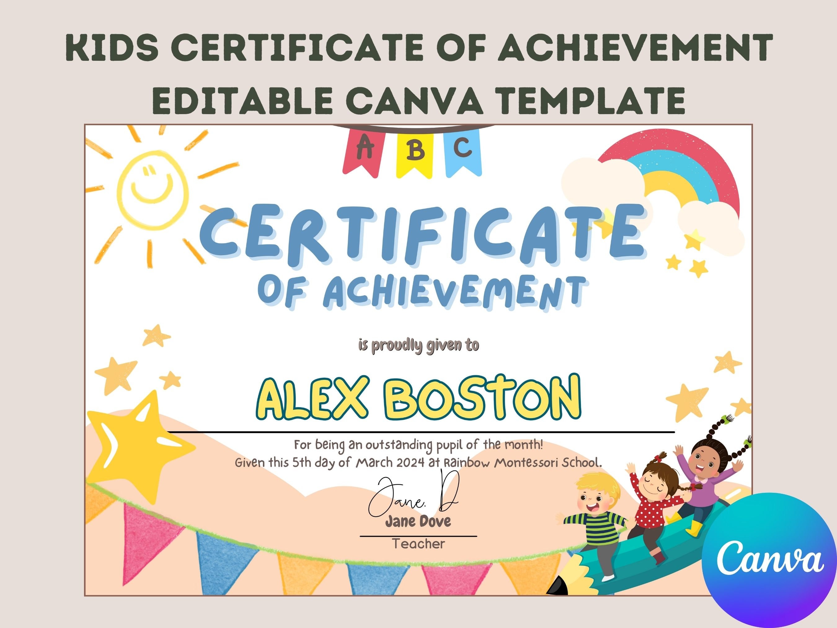 Kids Certificate of Achievement Canva Template – Colorful Minimalist ...