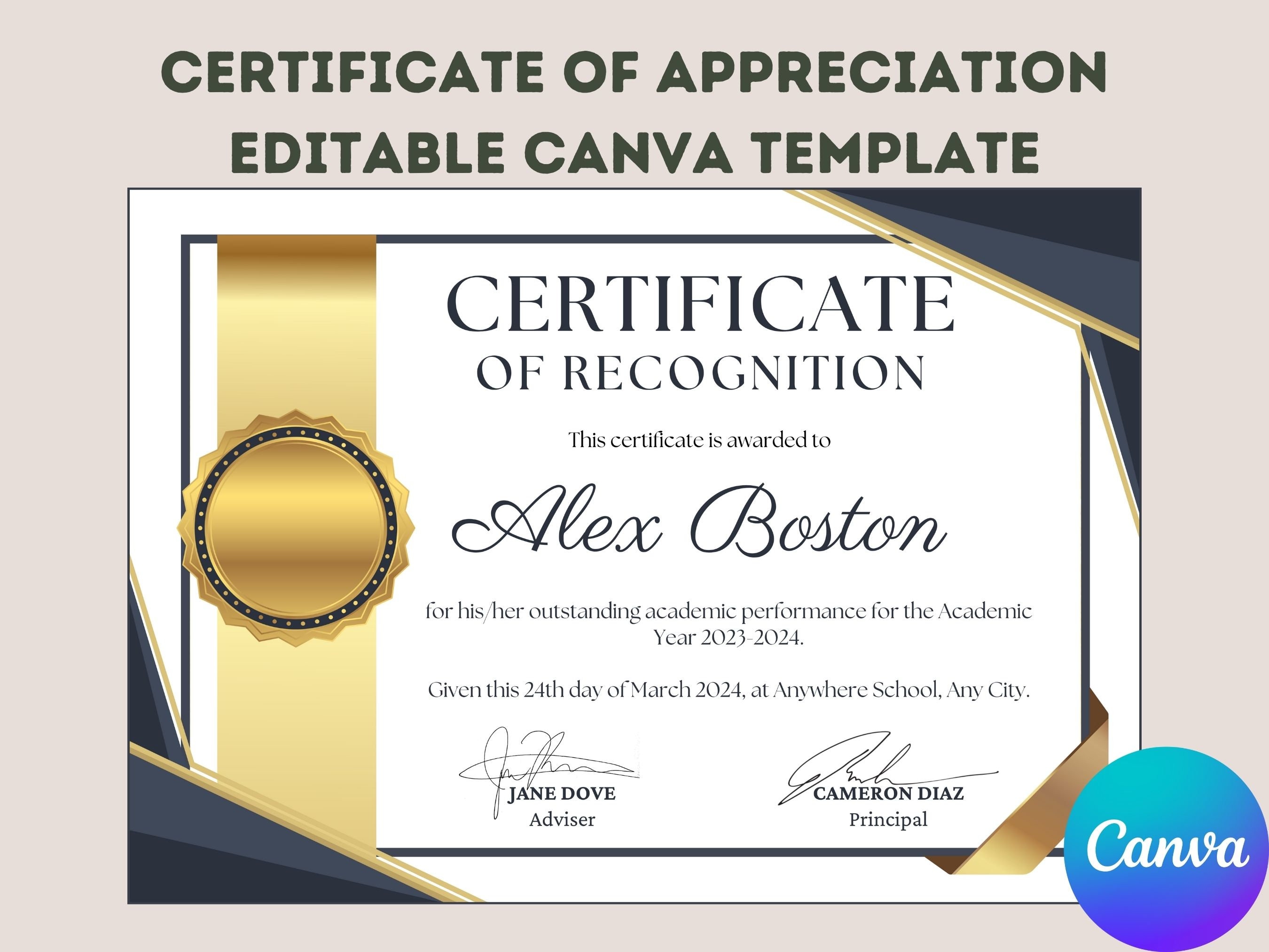 Certificate of Recognition Canva Template – Ash Blue and Gold ...