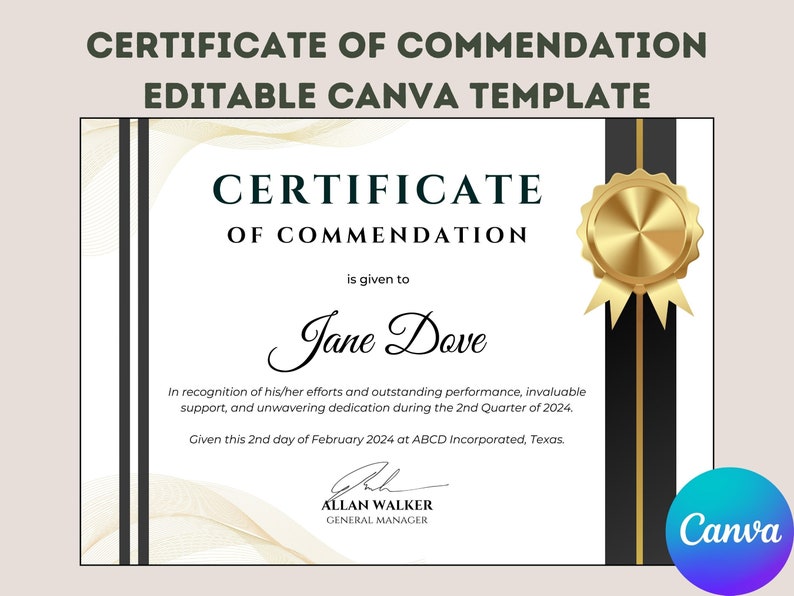 Certificate of Commendation Canva Template - Dark Gray and Gold ...