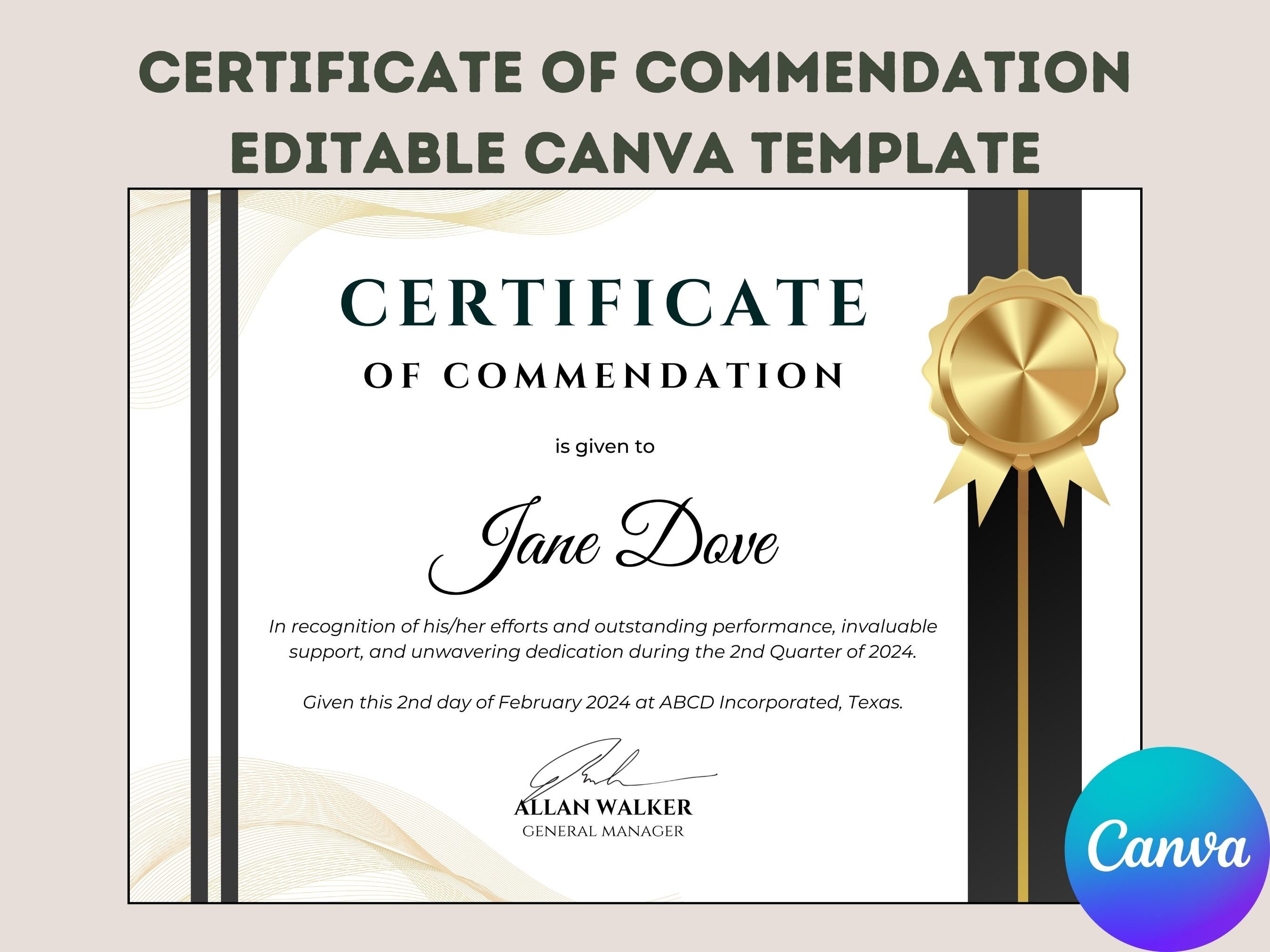 Certificate of Commendation Canva Template - Dark Gray and Gold ...