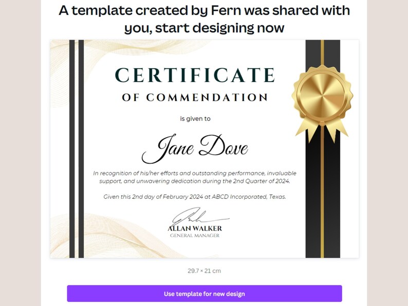 Certificate of Commendation Canva Template - Dark Gray and Gold ...