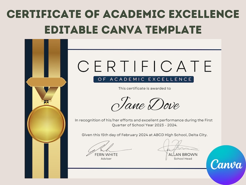Certificate of Academic Excellence or Recognition Canva Template – Blue ...