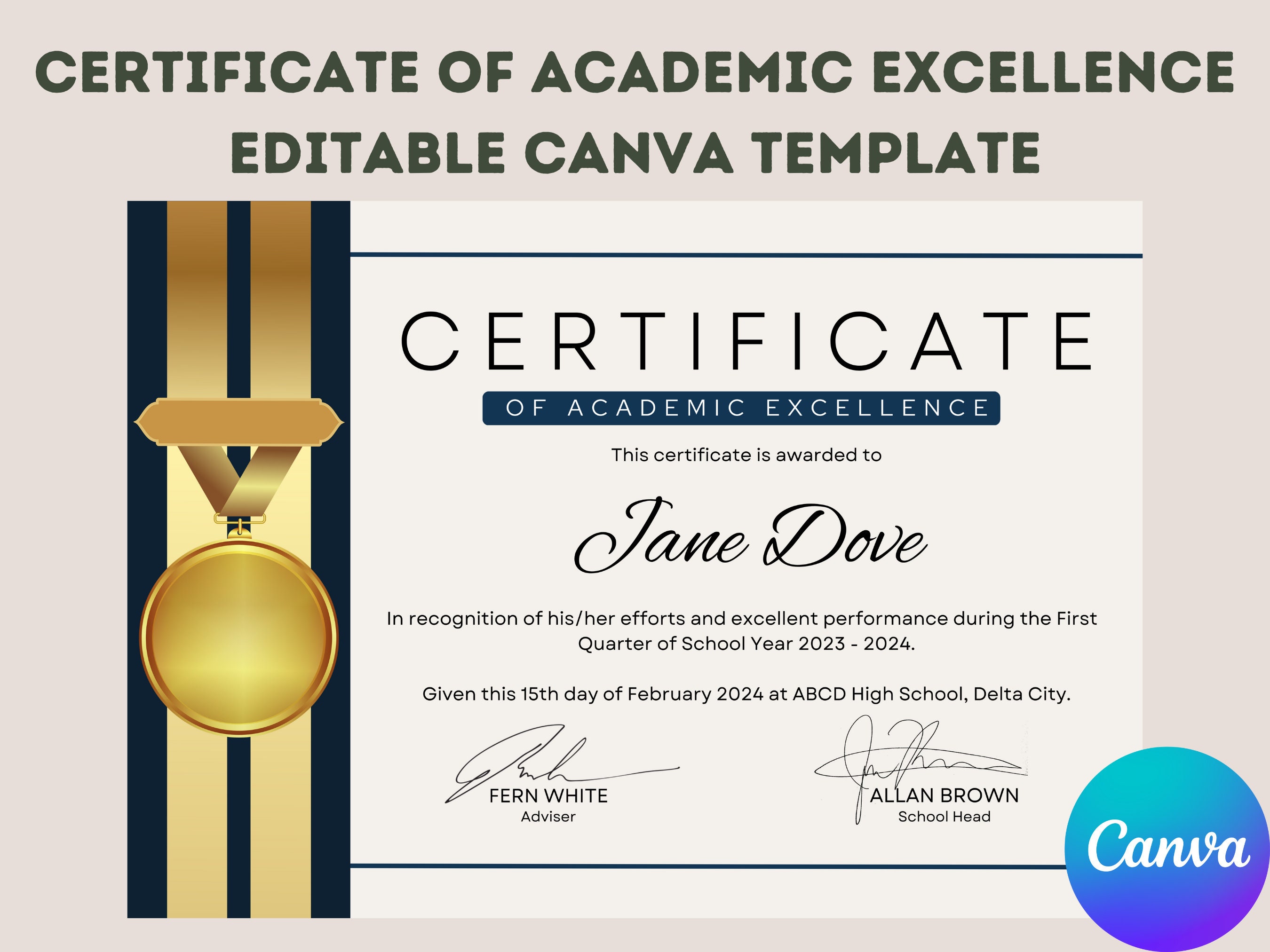 Academic Excellence Certificate Awards For Students Template