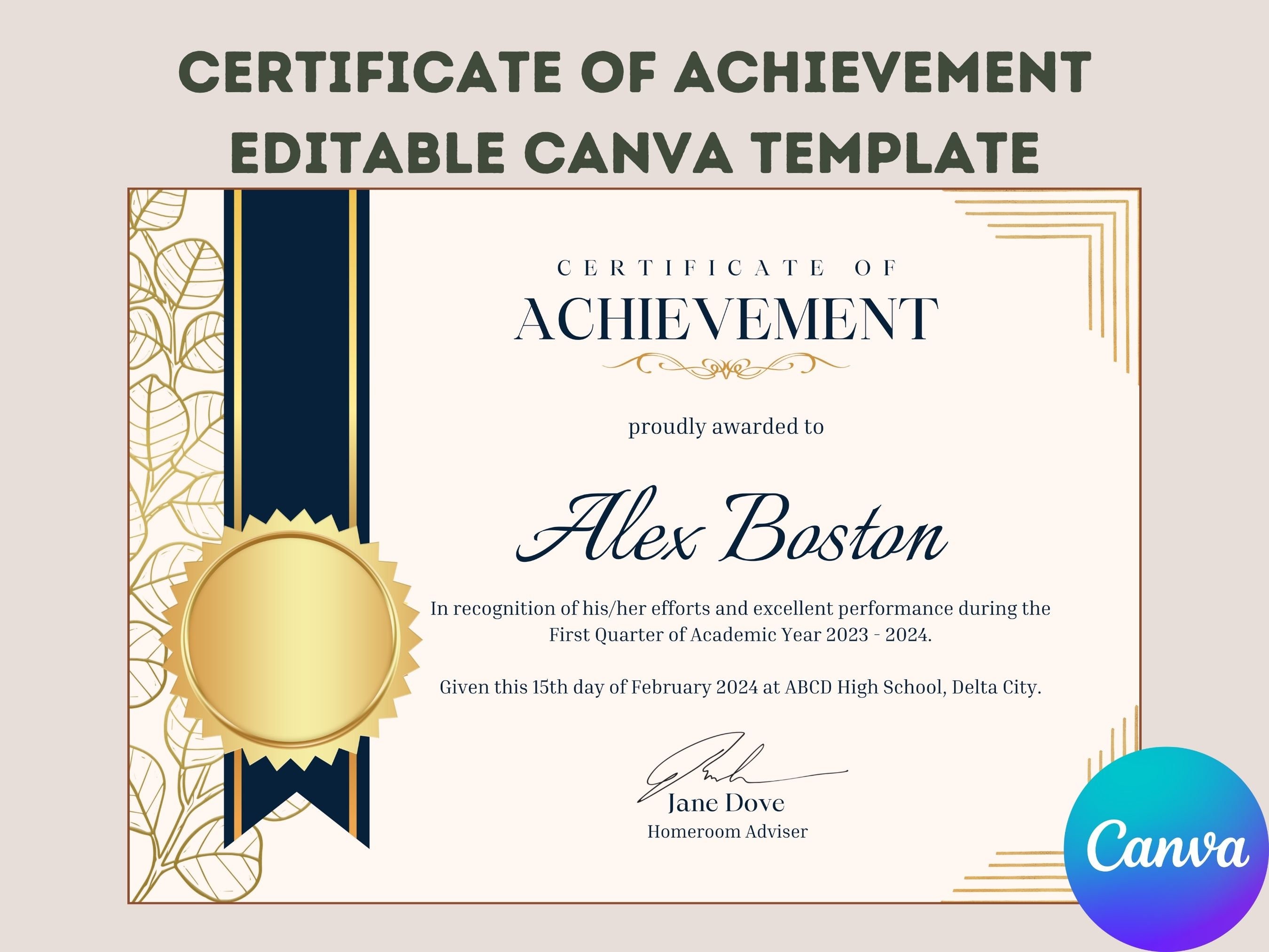 Certificate of Achievement Canva Template – Blue and Gold Minimalist ...